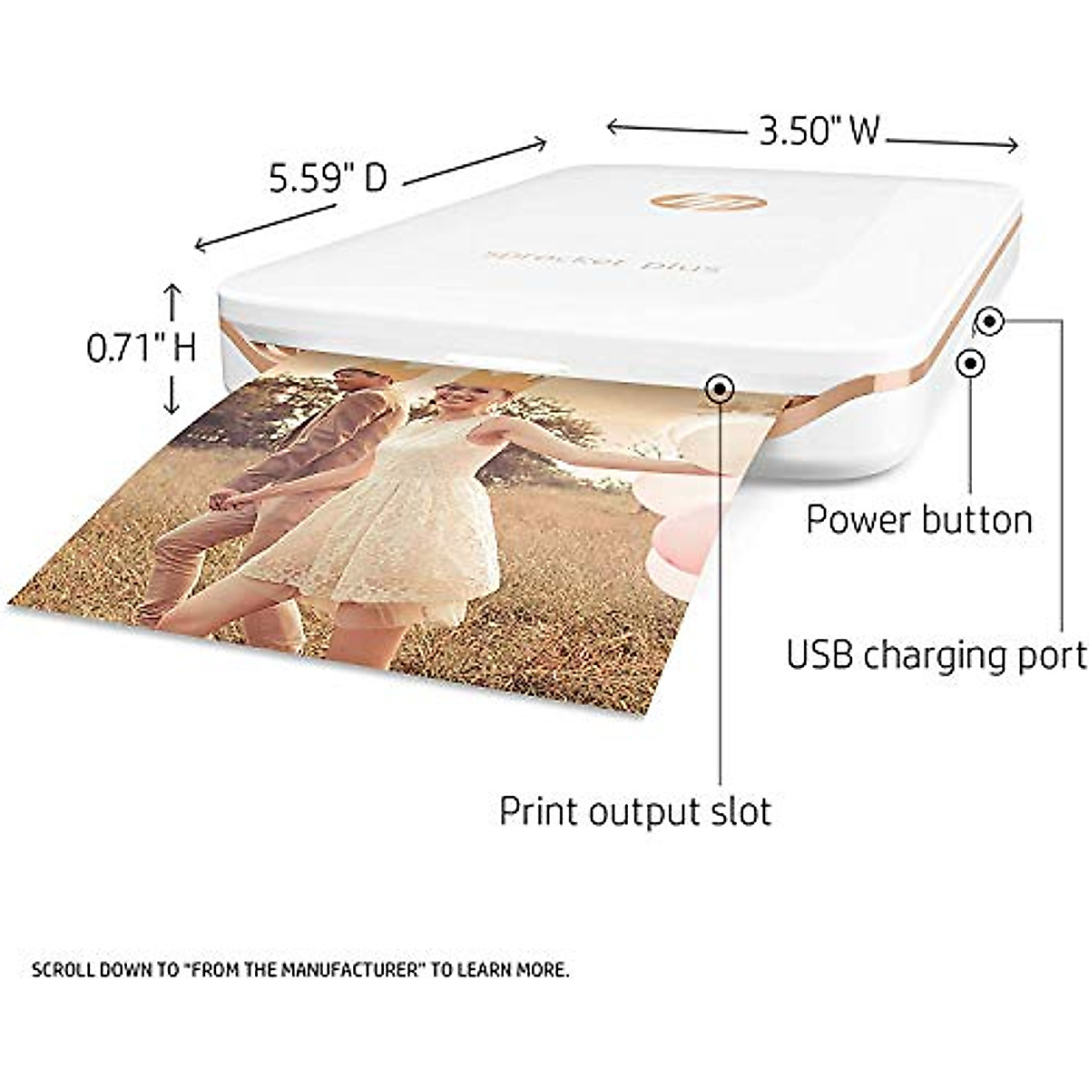 HP Sprocket Plus Instant Color Photo Printer, Print 30% Larger Photos on 2.3x3.4 Sticky-Backed Paper – White (2FR85A)