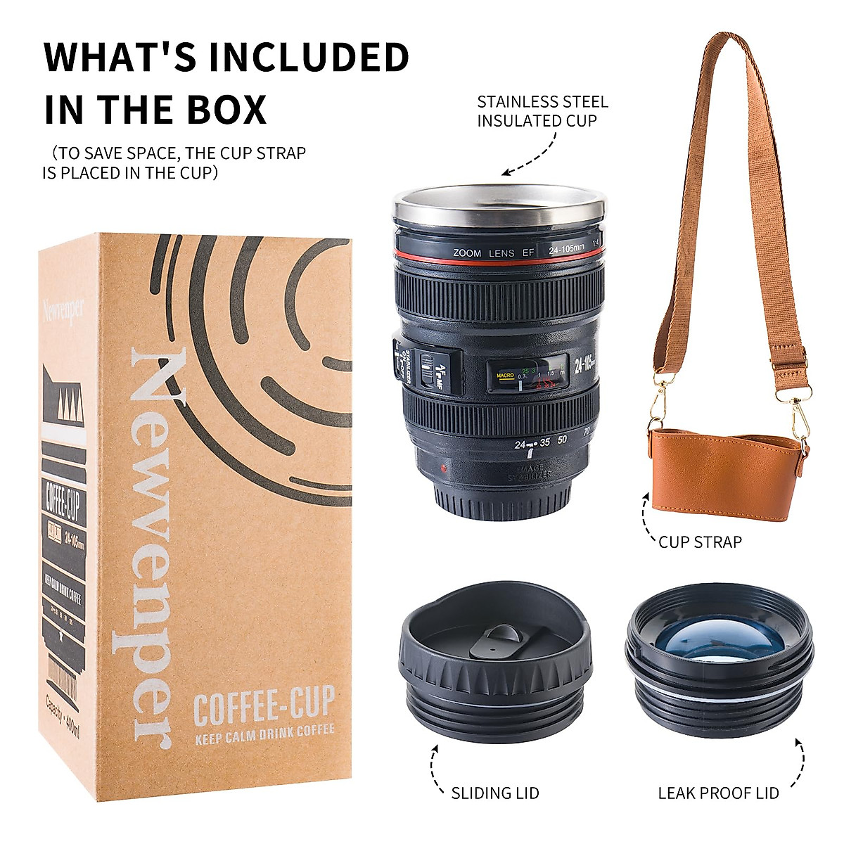 Newvenper Camera Lens Coffee Mug, 304 Stainless Steel Lens Insulated Travel Coffee Mug, BPA Free, Leak Proof, with 2 Lids, for Hot and Cold Drinking Coffee, Tea and Beer, 13.5floz