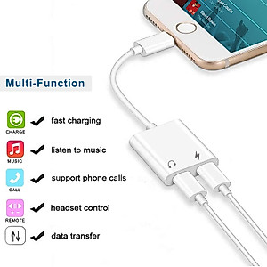Apple MFi Certified 2 in 1 Dual Lightning Aux Charge Adapter, iPhone Headphones Splitter for iPhone 13 12 11 XS XR X 8 7 6 Support Audio+Charge+Call+Music Volume Control - 2 Pack