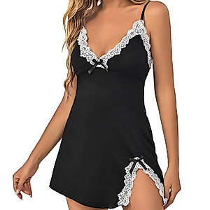 HOTSO Women Lace Chemise Nightgown Sexy Babydoll Lingerie Night Dress Plus Size V Neck Full Slip Sleepwear Side Split Nightwear (L) Black