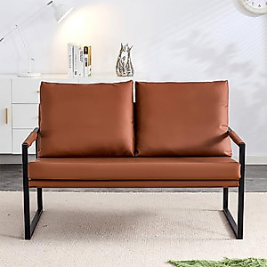 RIGHTPARTS Modern Two-Seater Sofa Chair, Living Room Sofa with 2 Pillows,PU Leather Sofa Bed, High-Density Foam, Black Coated Metal Frame,Brown