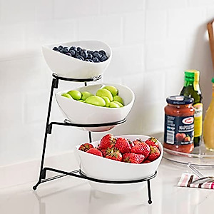 HBlife 3 Tier Oval Bowl Set with Metal Rack, Ceramic Fruit Bowl Serving, Tiered Serving Stand for Dessert Appetizer Cake Candy Chip Dip (Black)