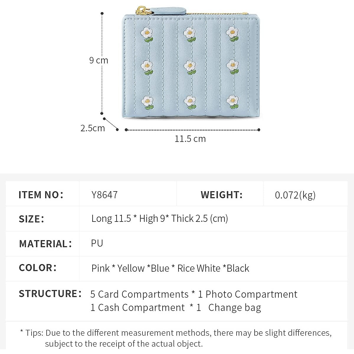 kuifang Girls Cute flowers Print Wallet, Small Tri-folded Aesthetic Wallet, PU Leather Purse Cash Pocket Card Holder ID Window Purse for Women(Blue)