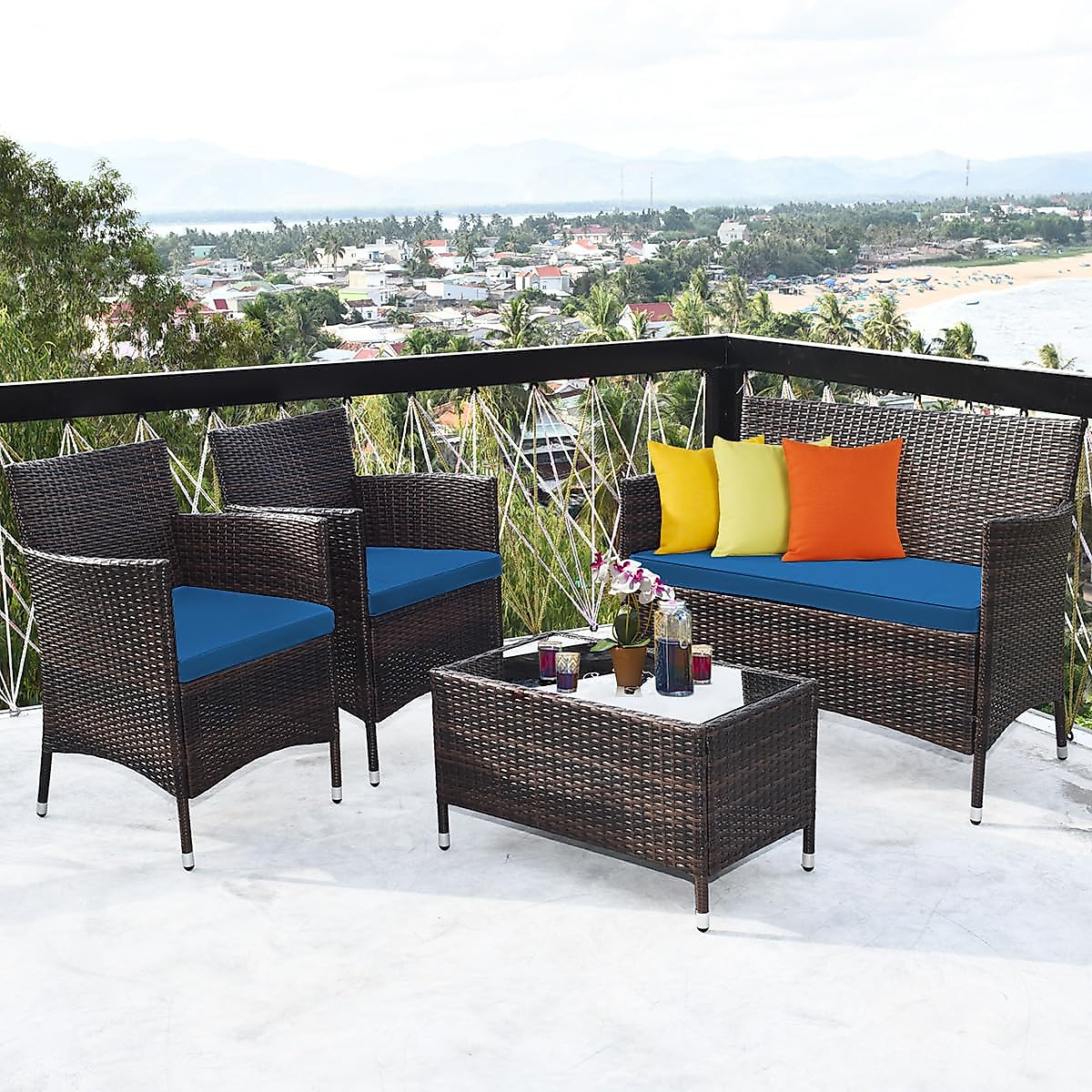 DORTALA 4-Piece Rattan Patio Furniture Set, Outdoor Sofa Table Set with Tempered Glass Coffee Table, Thick Cushion, Wicker Conversation Set for Garden, Lawn, Poolside and Backyard, Peacock Blue