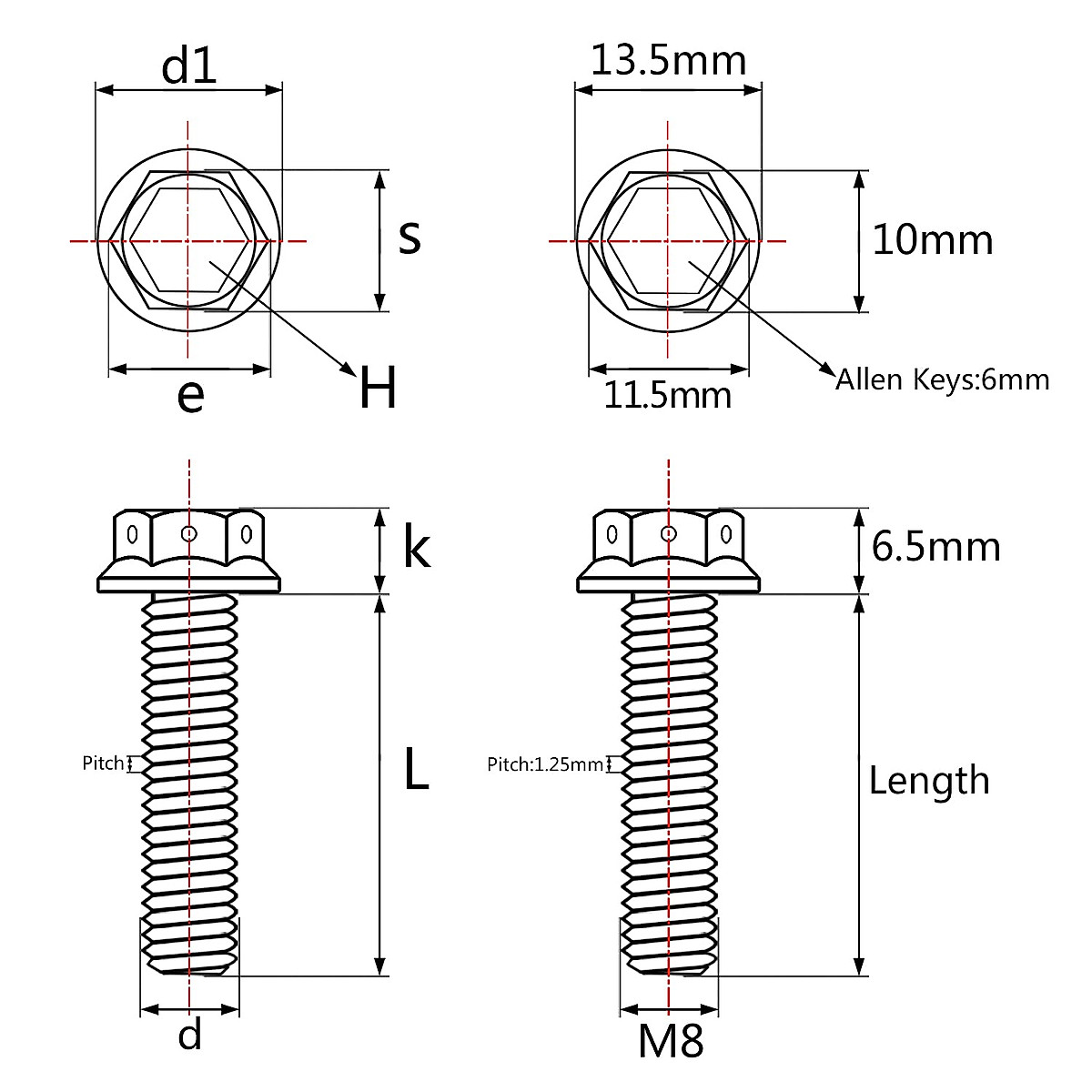 Wanyifa Titanium Flange Hex Head Bolt M8 15 20 25 30 35 40 45 50 55 60mm Screws Pack of 4 (M8x30mm, Silver)
