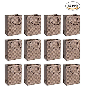 Checkered Gift Bags Set (12 Pack)- 9”x 7”x 4” Unique Design with Durable Ribbon Handles, Beautiful Present Bags Best for Birthday, Wedding and Party Favors (Brown)