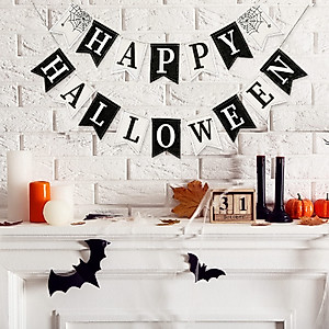 Whaline 2Pcs Happy Halloween Burlap Banner White Black Halloween Party Banner Holiday Hanging Bunting Garland Sign for Halloween Party Supplies Fireplace Wall Porch Decors Photo Prop