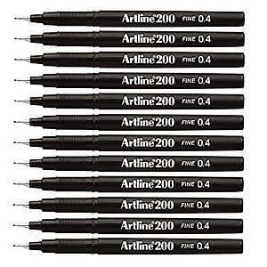 Artline 200 Fineliner Pen Water-based Ink 0.4mm Tip 0.4mm Line Black Ref A2001 [Pack of 12]