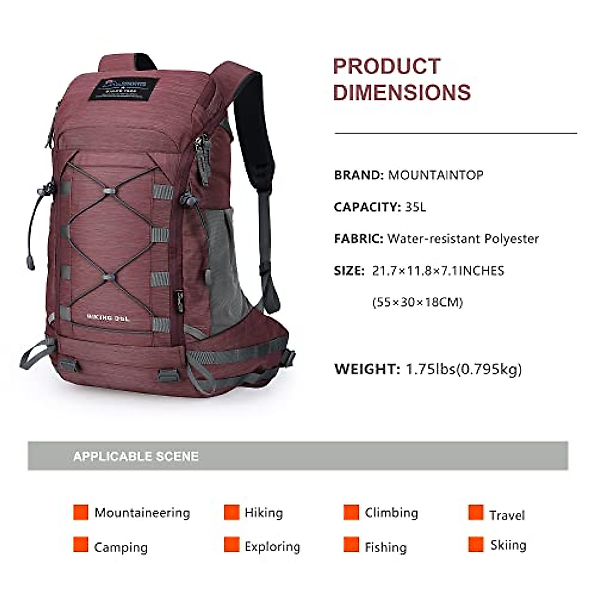 MOUNTAINTOP Hiking Backpack 35L Travel Backpack Lightweight Daypack for Men&Women Outdoor Camping