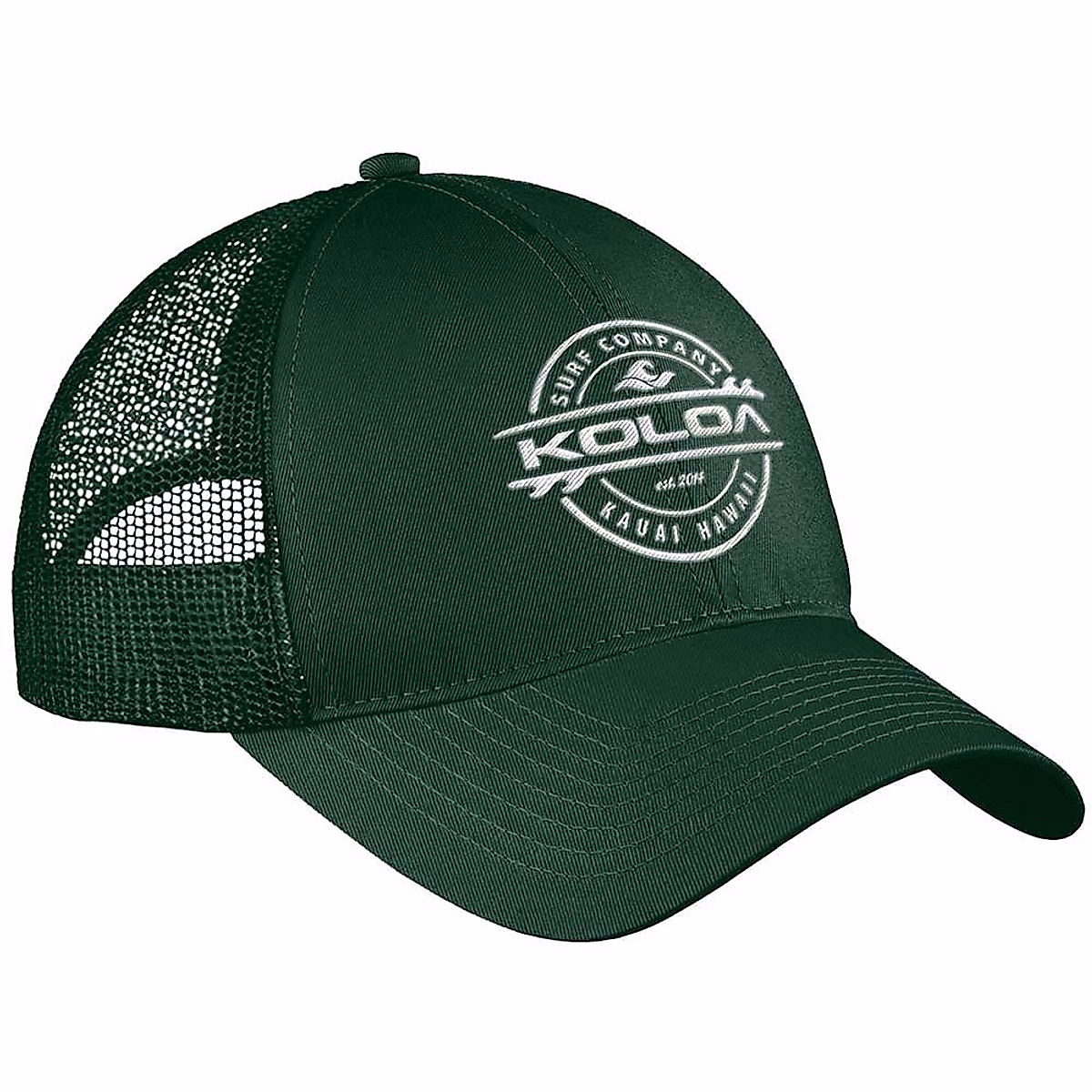 Joe's USA Koloa Surf Thruster Logo Old School Curved Bill Mesh Snapback Hat-Forest/w