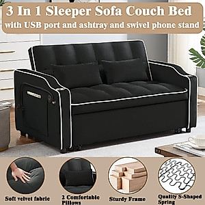 Convertible Sleeper Sofa Bed with USB Ports,Pull Out Sofa Bed with Swivel Phone Holder,Modern Velvet Loveseat Futon Couch with with Cup Holders,Small Love Seat Lounge Sofa Bed for Small Space(Black)