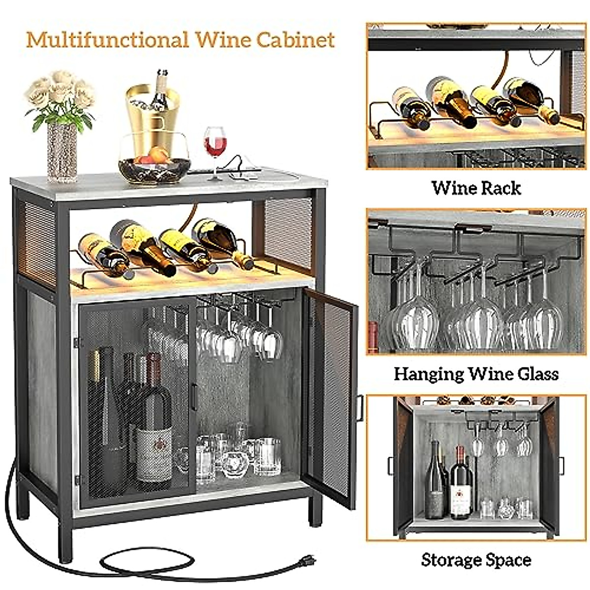 Unikito Wine Bar Cabinet with RGB Light and Outlet, FreeStanding Wine Rack Table, Liquor Cabinet with Glass Holder, Floor Bar Cabinet for Liquor and Glasses for Home Kitchen Dining Room, White Oak