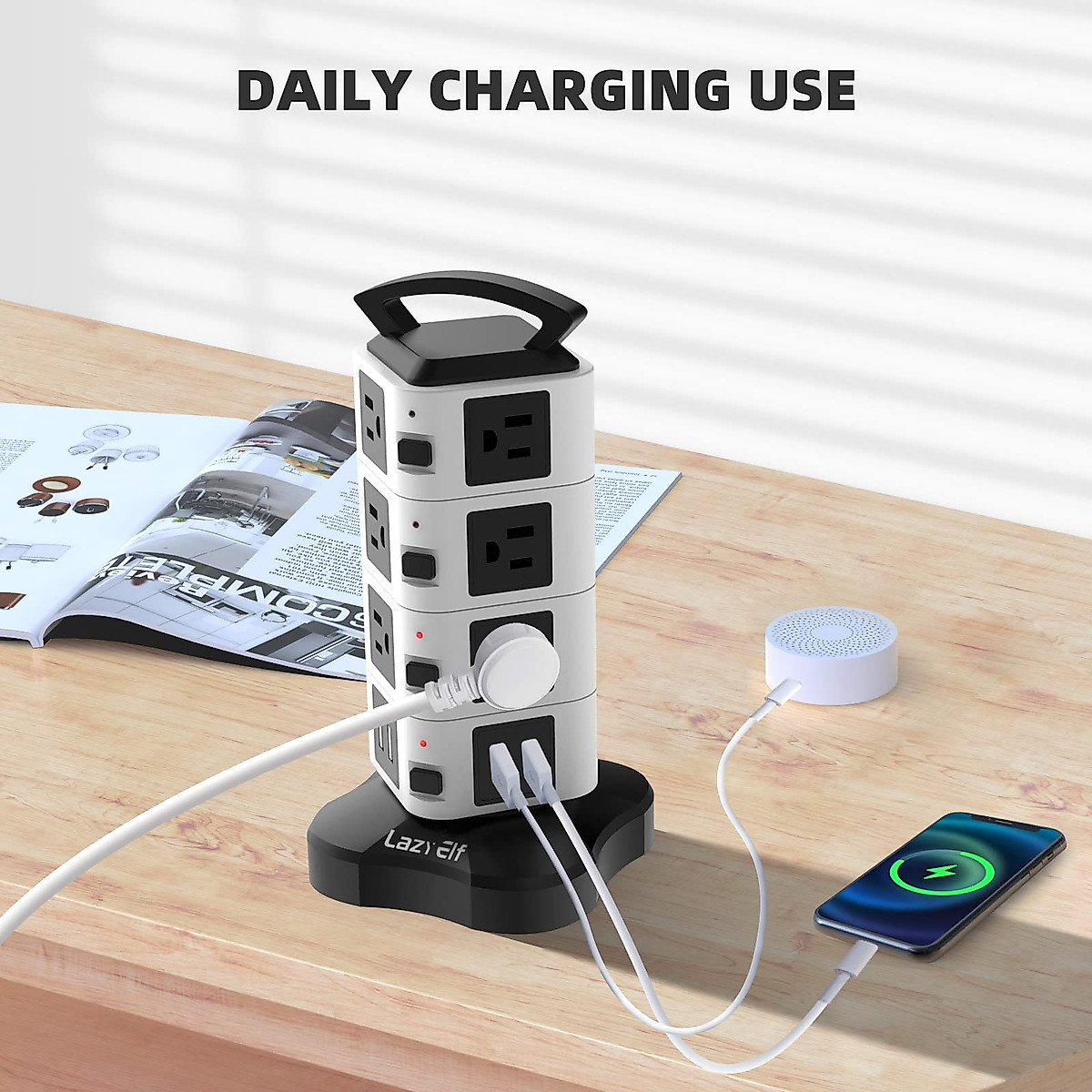 Surge Protector Power Strip Tower with Night Light, Lazy Elf Extension Cord 8 AC Multi Smart Plug Outlets with 4 USB Ports, Flat Plug Outlet (White)