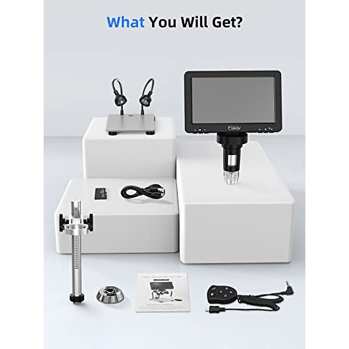 Elikliv 7" LCD Digital Microscope 1200X, 1080P Coin Microscope with Wired Remote, 12MP Ultra-Precise Focusing, 10 LED Fill Lights, PC View, Metal Stand, Windows/Mac Compatible, 32GB