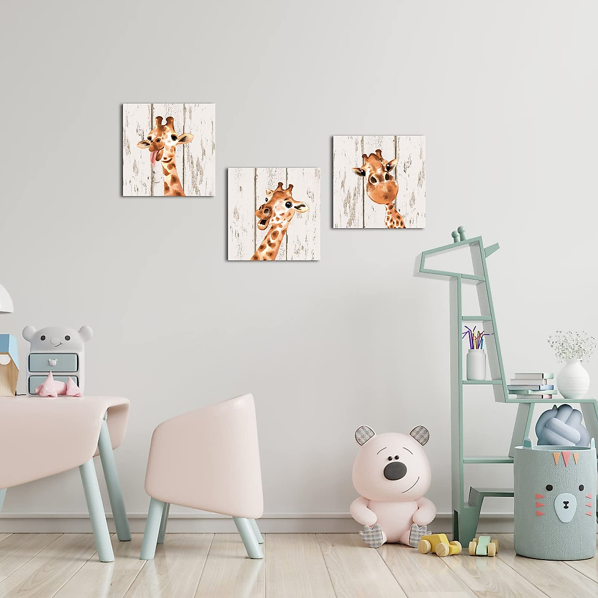 SiMiWOW Funny Giraffe Wall Art Giraffe Painting Kids Children Bedroom Living Room Nursery Wall Decor Framed Ready to Hang 12"x12"x3 Pieces