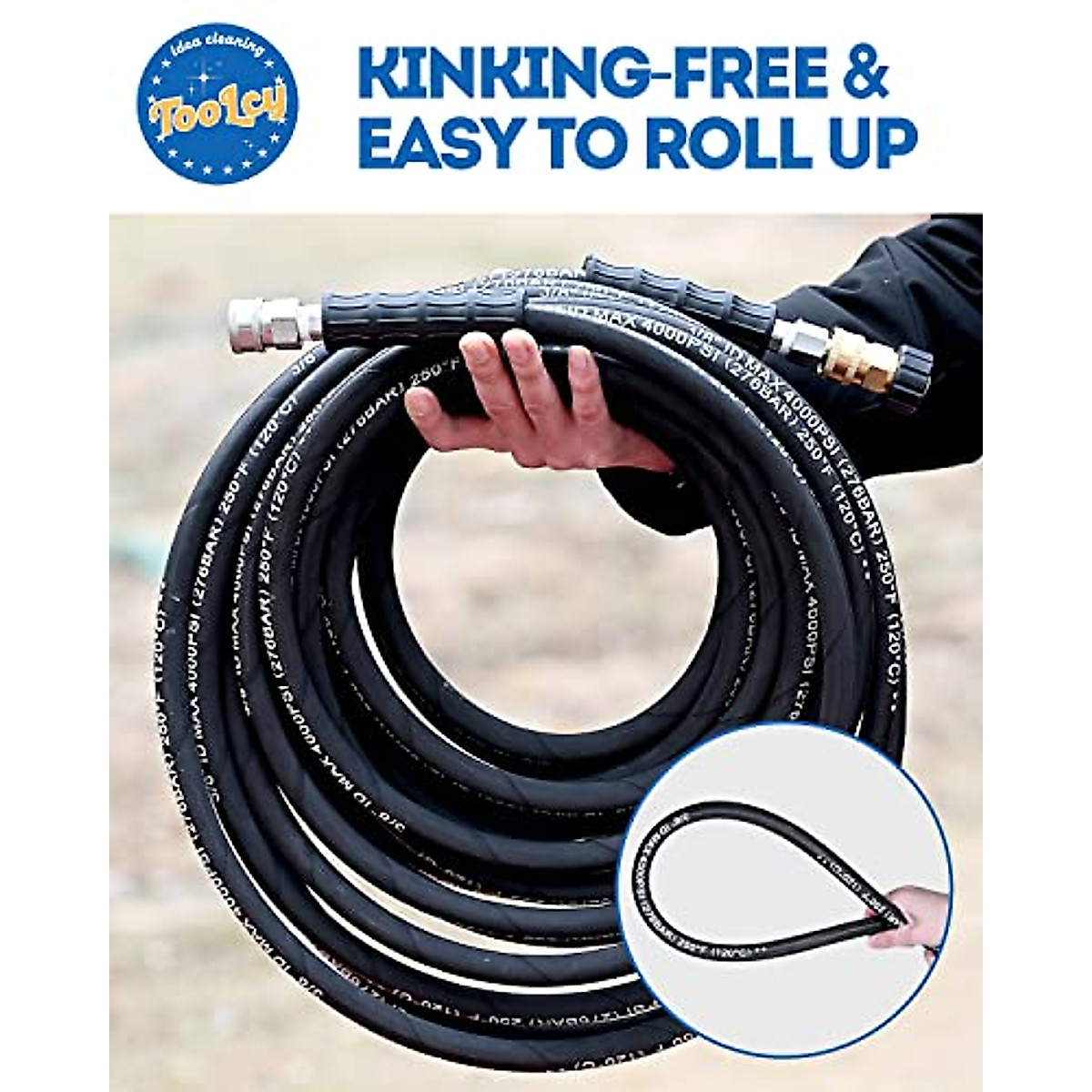 TOOLCY 3/8" Pressure Washer Hose 4000 PSI X 50 FT, Stainless 3/8" Swivel QC Kink Resistant, 250℉ Hot Water Compatible Steel Wire Braided & Rubber Jacket, Easy Loading 3/8" NPT X M22-14mm Adapter Kits