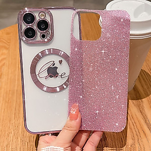 MGQILING Compatible with iPhone 13 Pro Max Magnetic Glitter Case-6.7 Inch, Luxury Love Heart Pattern Plating Clear Case, Compatible with MagSafe for Women Girls Shockproof Back Cover-Pink