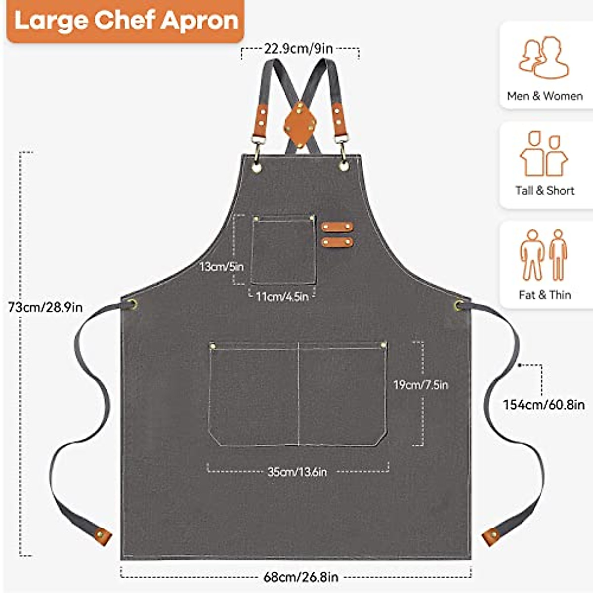 NLUS Chef Apron for Men, Heavy Duty Cotton Canvas Apron Cross Back Apron with Adjustable Straps and Large Pockets