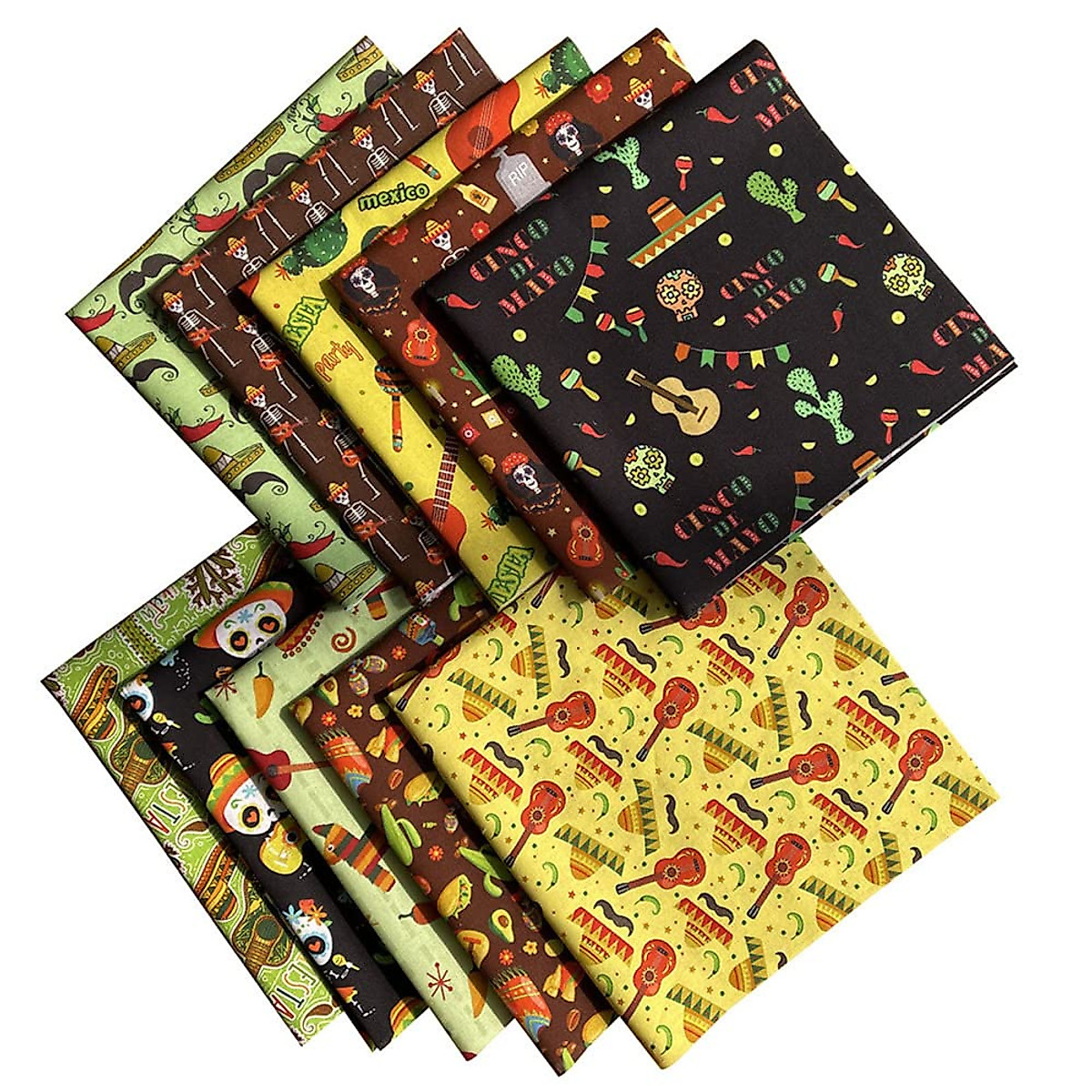 Gigicloud 10pcs Squares Quilting Fabric Bundles, Mexican Fiesta Theme Cotton Fabric Bundle Quilting Sewing Patchwork Cactus Guitar Donkey Printed Fat Quarters Bundle for DIY Sewing Quilting