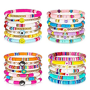 28 Pcs 4 Set Heishi Surfer Bracelets Set Colorful Preppy Smile Evil Eye Beaded Stretch Bracelet Clay Stackable Boho Disc Party Gift Y2k Aesthetic Summer Beach Jewelry for Xmas Halloween (Cute Style)