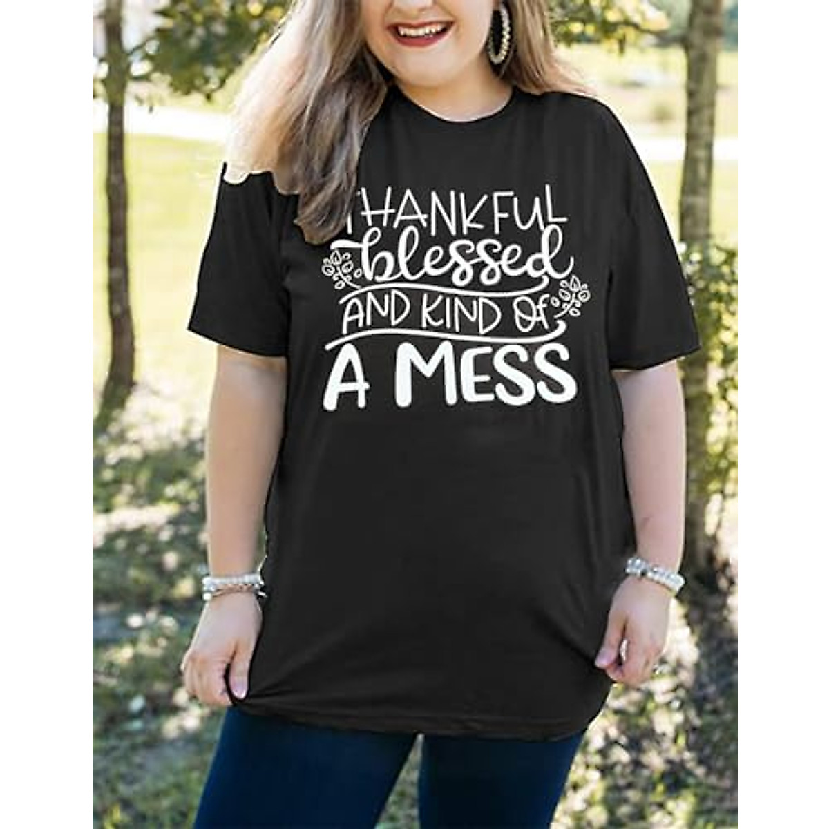 Plus Size Thankful Blessed and Kind of A Mess Shirt Women Thanksgiving Thankful Tshirt Casual Short Sleeve Fall Tee Top