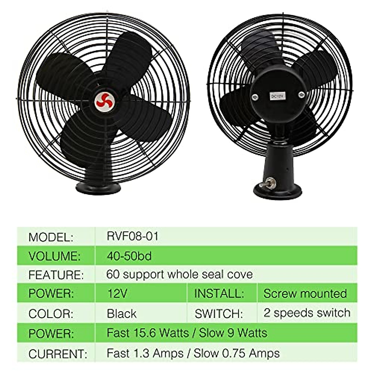 Homdec 12V RV Cooling Fan with 2-Speed Switch, 8.75-Inch Heavy Duty Black Metal Fan, 12Volts Car Fan, use for Auto, Truck, RV, Car, Boat, and Buses (Pack of 1)