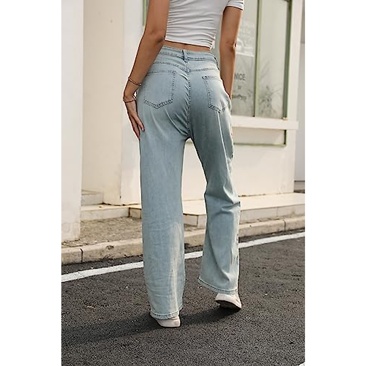 GIISAM Women's Baggy Jeans Disstressed Destroyed Vintage Pants Loose Wide-Leg High Waist Light Blue Denim Trousers