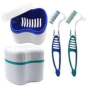 2 Packs Denture Bath Cases and 2 Packs Denture Brushes kit, Portable Professional Denture Cups Denture Boxes Dentures Container with Removable Basket for Home Use (Blue, Green)