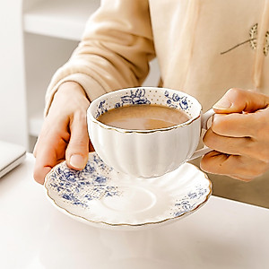 Generic Bloosnow 8oz Blue Rose Coffee Cup with Saucer,Blue Flora Porcelain Coffee Tea Cup,Gift Cappuccino Cup and Saucer, Large, HFB0002A