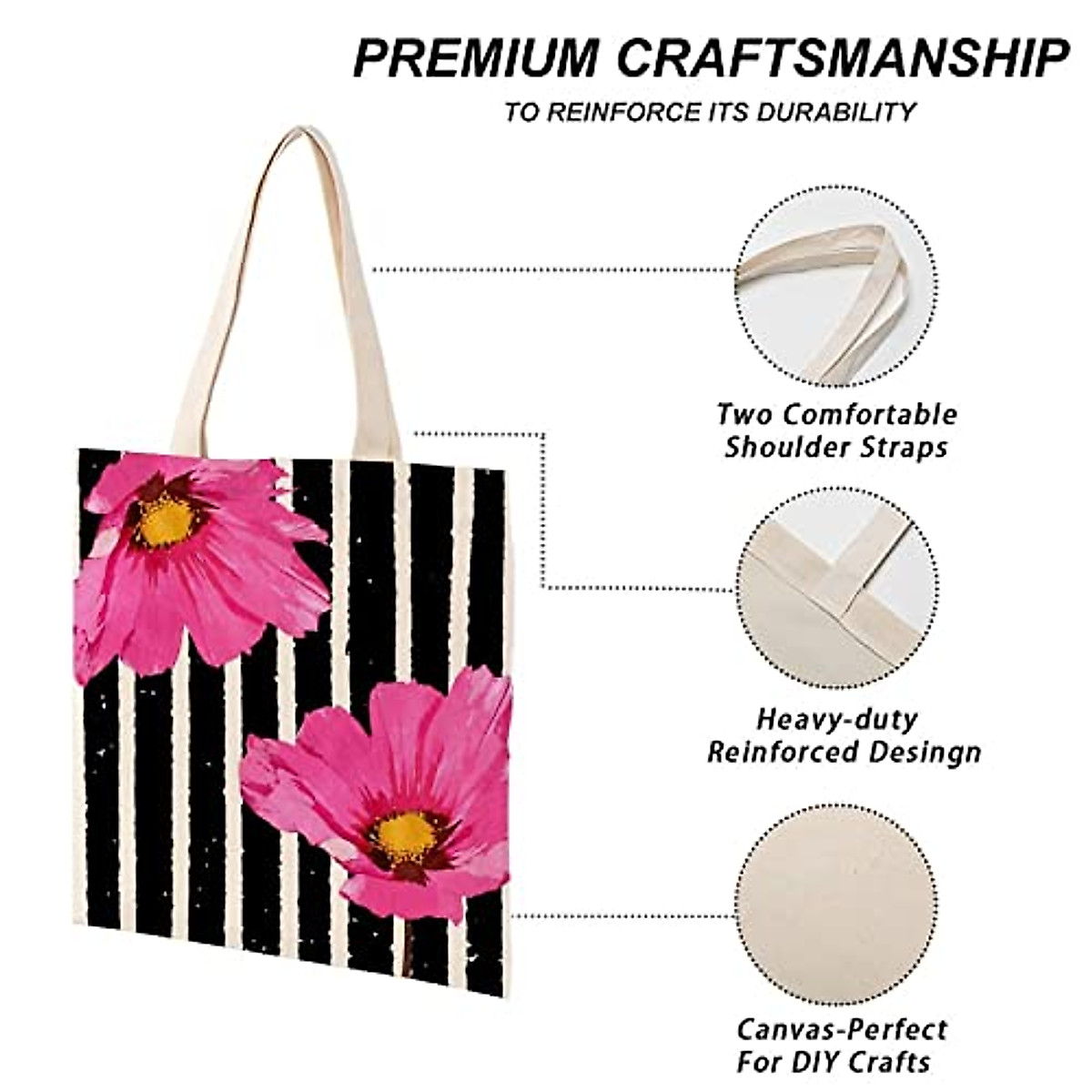 Canvas Shoulder Bag 15x18 Inch,Flowers Stripe Tote Bag for Books,Birthday Inspirational Gifts for Kids Girls Women