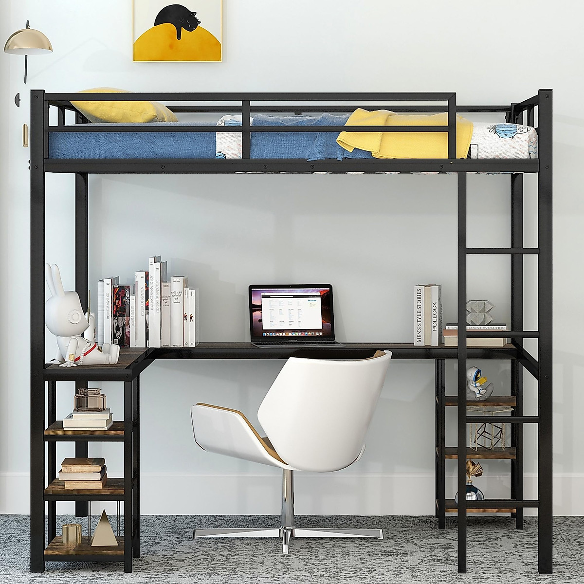 Full Size Loft Bed with Desk and Build in Ladder, Metal Loft Bed with Storage Shelves, L-Shaped Desk and Full Length Guardrail, Full Loft Bed for Kids, Girls, Boys, Teens, Black Loft Bed