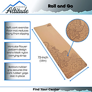 Higher Altitude Body Yoga Cork Mat - 72 x 24in Cork Exercise Mat with Rubber Padding and Carrying Loop - Flower Design