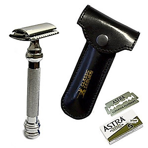Classic Samurai CS-206 Heavy Duty "Barber Pole" Long Double Edge Safety Razor with Genuine Leather Shaving Travel/Protective Case and 5 Astra Superior Platinum Razor Blades