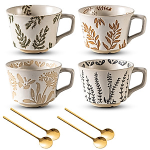 Noevany Ceramic Mugs 11 oz Unique Luxurious Cups Set of 4 with Premium Spoon, Mug for Coffee Milk Latte Cappuccino Tea, for Office and Home Dishwasher Microwave Freezer Safe Stoneware Mixed