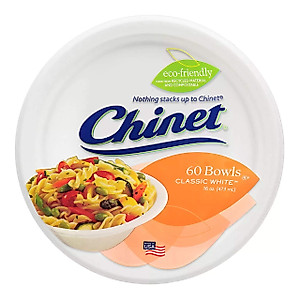 Chinet Classic Bundle - 60 Paper Bowls and 60 Paper Disposable Plates Combo - Classic White 16 Oz Bowls and All Occasion 8 3/4 Inch Classic White Plates
