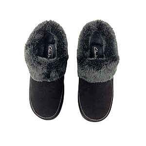 Clarks Womens Slipper Suede Ankle Bootie JMH1883 -Plush Faux Fur Collar and Lining - Indoor Outdoor House Slippers For Women (7 M US, Black)