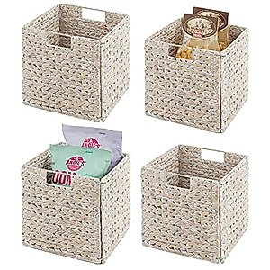 mDesign Natural Woven Hyacinth Cube Storage Bin Basket Organizer with Handles for Kitchen Pantry, Cabinet, Cupboard, Shelf/Cubby Organization, Hold Food, Drinks, Snacks, Appliances, 4 Pack, White Wash