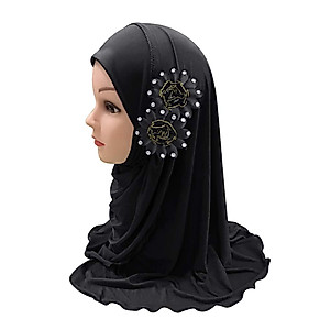Kids Girls Lovely Muslim Hijab with Flowers Anti-UV Sun Protection Breathable One Piece Islamic Head Scarf Shawls Arabian Turban for 2-6 Years Black