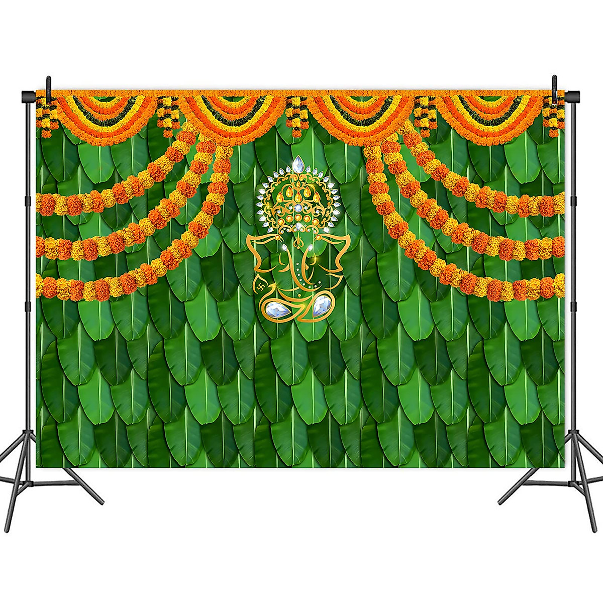India Pooja Traditional Backdrop for Photography Marigold Green Banana Leaf Chatiya Ganesh Traditional Festival Background Puja Ganpati Wedding Party Decorations Photo Props (7x5FT)