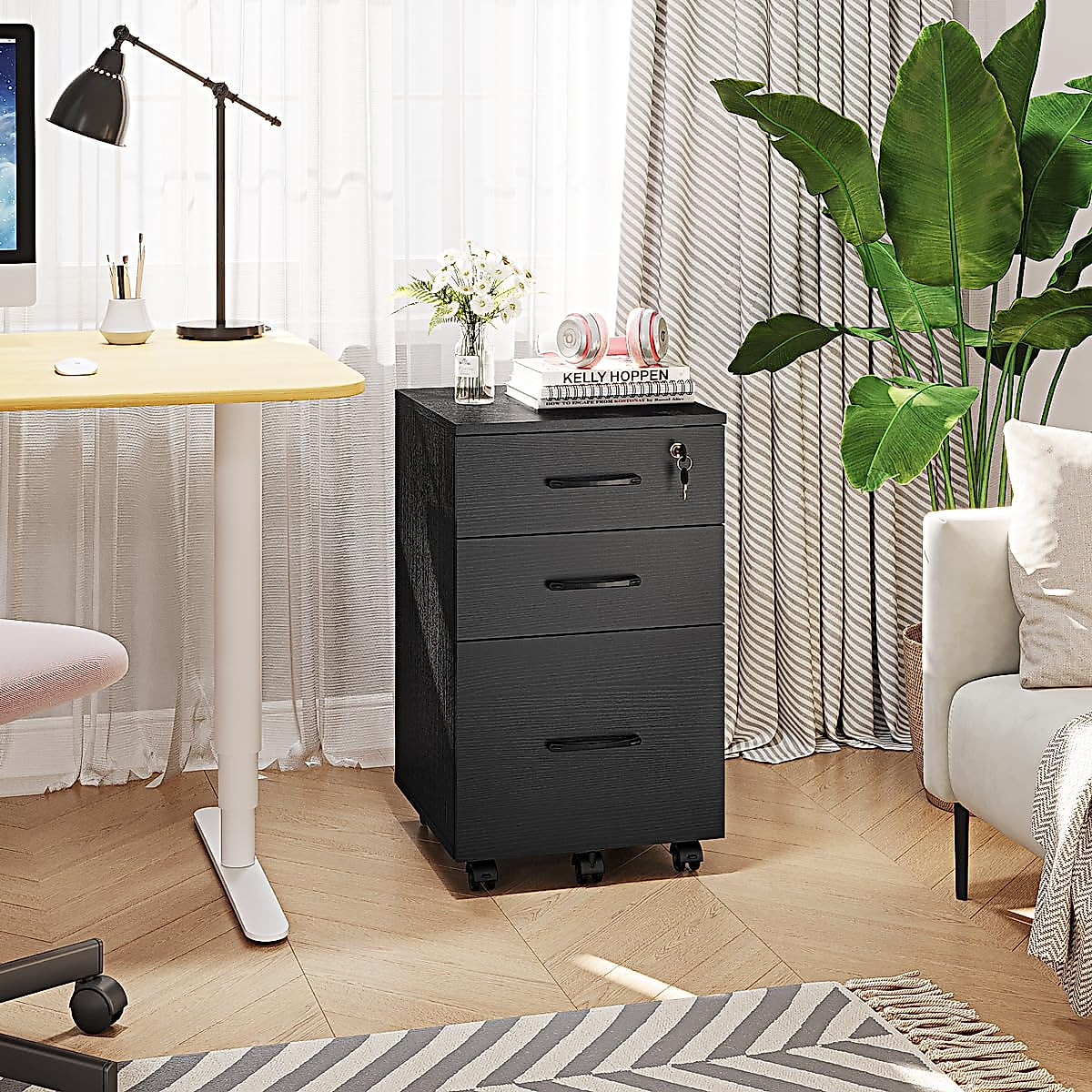 Panana 3 Drawer Wood Mobile File Cabinet, Under Desk Storage Drawers Small File Cabinet for Home Office (Black)