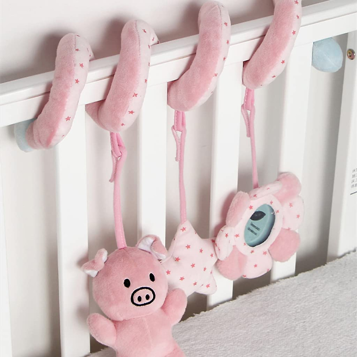 Ymeibe Baby Car Seat Toys, Infant Activity Spiral Plush Toys Hanging Stroller Toys for Baby Girl and Boy with Musical Sheep Rattles with Distorting Mirror (Pink Pig)