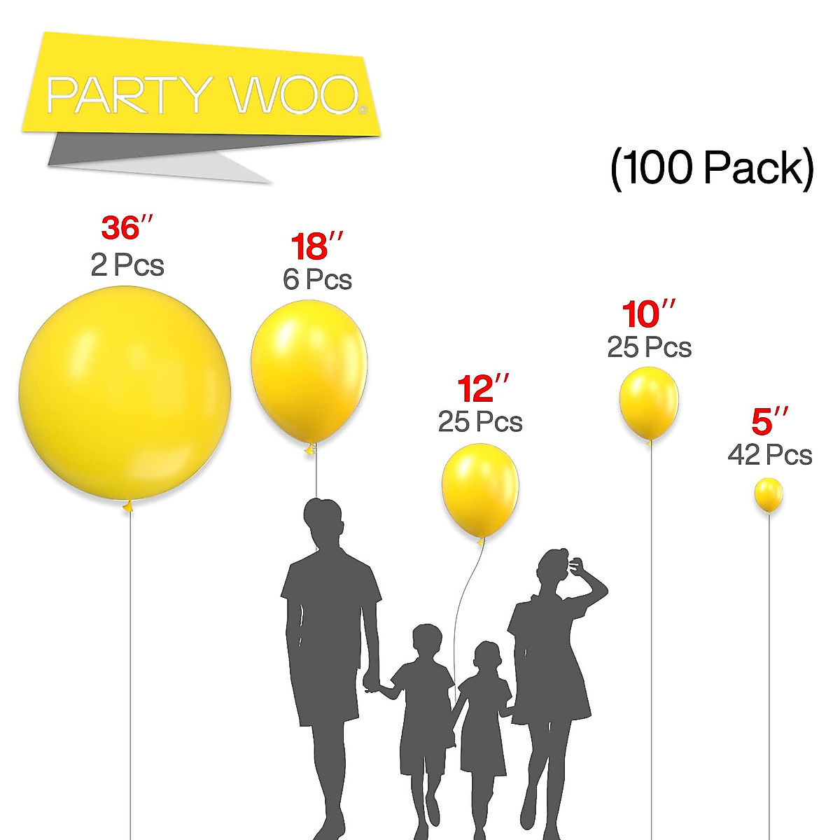 PartyWoo Yellow Balloons, 100 pcs Matte Yellow Balloons Different Sizes Pack of 36 Inch 18 Inch 12 Inch 10 Inch 5 Inch Yellow Latex Balloons for Balloon Garland Arch as Party Decorations, Yellow-Y55
