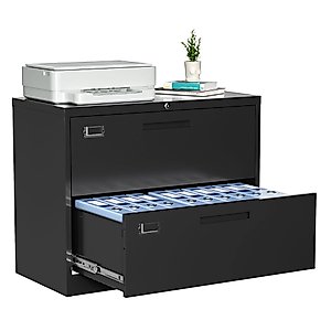LISSIMO Lateral File Cabinet, 2 Drawer Metal Filing Cabinet with Lock, Home Office Storage for A4, Letter Size, Hanging File Folders(Black)