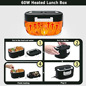 JWZILMR Electric Lunch Box Food Heater, 60W Food Warmer for Car Truck Office, 1.5L Stainless Steel Self-Heated Lunchbox for Adult, Portable Heating Box with Adapters Fork Spoon Insulated Bag