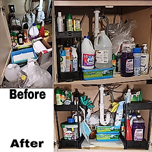 TIDY HOMES 2-Tier Under Sink Sliding Organizer - Premium Pull Out Storage Organizers with Dividers and Accessories for The Kitchen, Bathroom, Home Office, Full Size Cleaning Supplies, And Much More