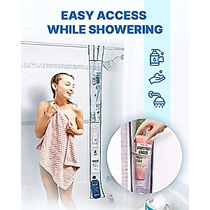 Skywin 1 Pack Shower Liner With Pockets, Hanging Mesh Shower Caddy – 57 x 6 Inches with 7 Pockets, 100% Polyester Mesh Fabric, Adjustable Velcro Strap or Hook, Pocket Shower Curtain