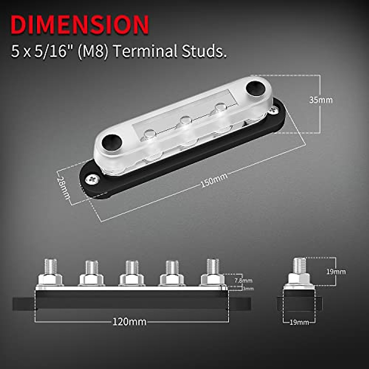 DaierTek 12V Power Distribution Block 5 x 5/16" (M8) Terminal Studs 12V Bus Bar with Cover Max 300V AC 48V DC Positive & Negative Battery Distribution Block for Automotive Car Boat