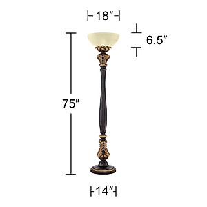 Barnes and Ivy Rita Traditional Victorian Torchiere Floor Lamp 75" Tall Carved Wood Amber Glass Shade Foot Dimmer Standing Light for Living Room Reading House Bedroom Home Office