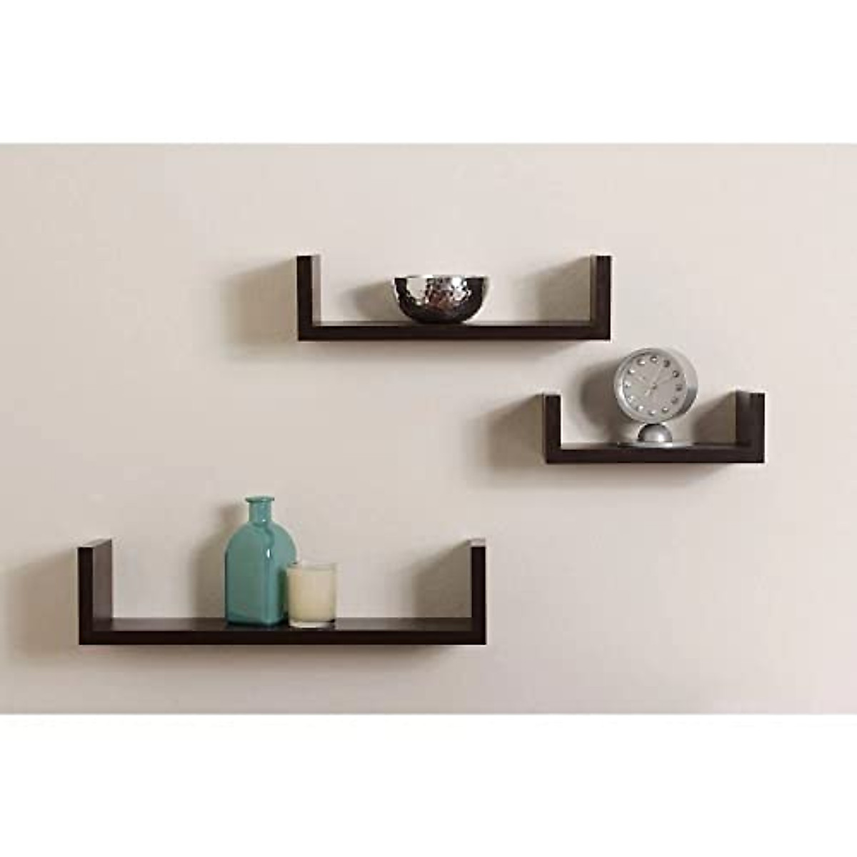 Danya B. Contemporary Laminated MDF Floating U Wall Decor Shelves, Bathroom or Living Room Wall Decor, (3 Shelf Pack) (Walnut)