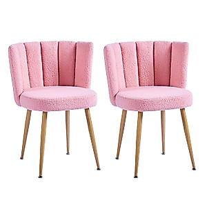 ATSNOW Pink Sherpa Accent Chairs Set of 2, Mid Century Modern Upholstered Side Chairs for Dining Room Living Room Bedroom Vanity